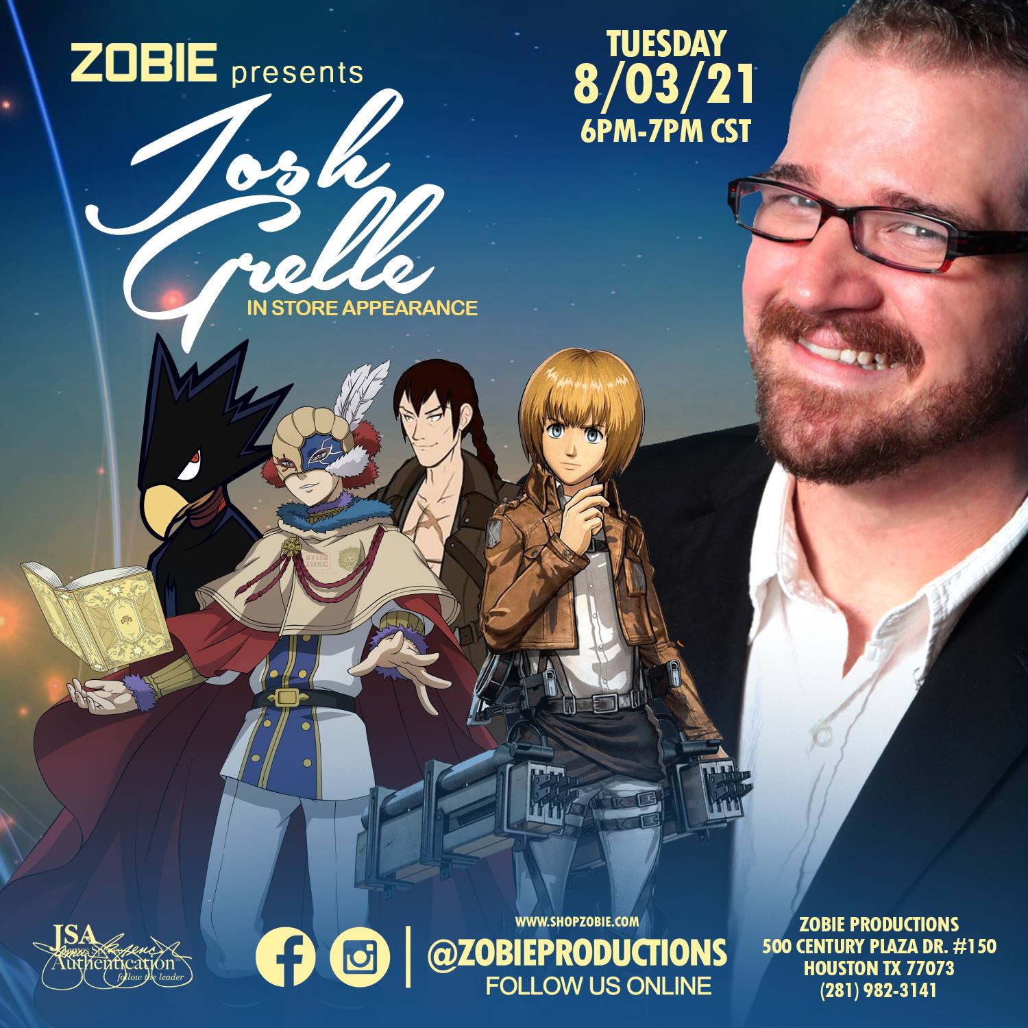 Josh Grelle Autograph Appearances Tickets at Zobie Headquarters in ...
