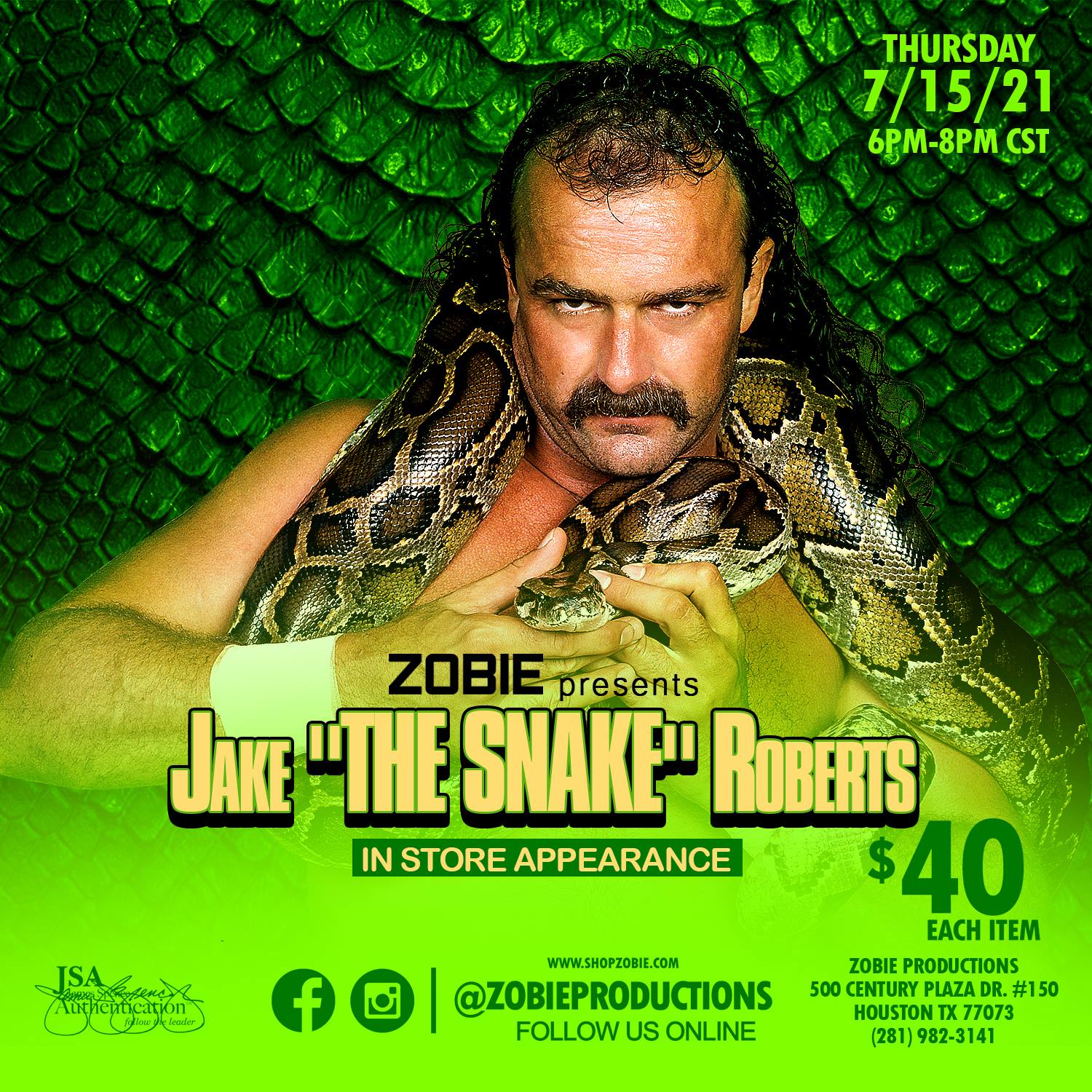Jake The Snake Roberts Autograph Appearance Tickets at Zobie ...